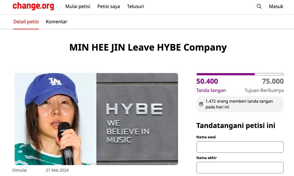 50.000 Orang Tanda Tangani Petisi "MIN HEE JIN Leave HYBE Company" - Pantau.com